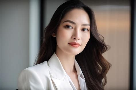 Premium Ai Image A Woman With Long Brown Hair And A White Suit Stands