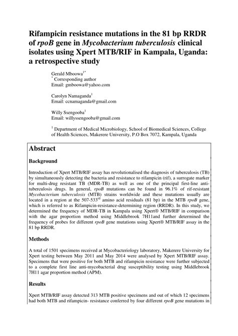 Pdf Rifampicin Resistance Mutations In The 81 Bp Rrdr Of Rpob Gene In Mycobacterium