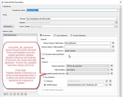 featurewriter using feature operation of fme db operation and update