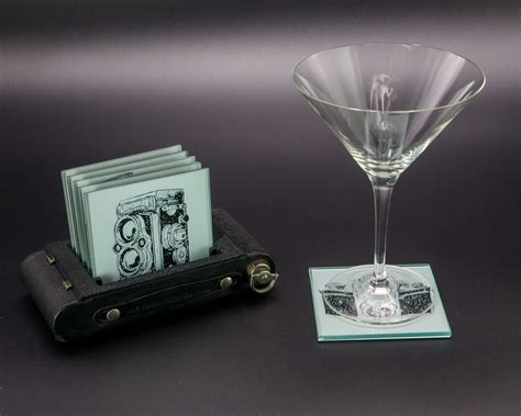 Vintage Camera Coaster Set For Drinks With Holder Barware Set Of 4 O