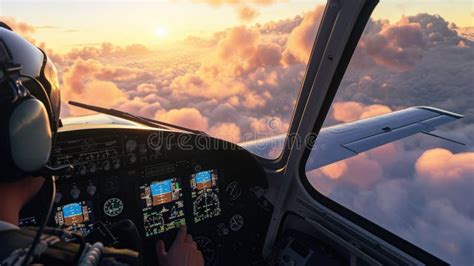 A Pilot Is View From The Cockpit Of An Airplane Flying Above The Clouds