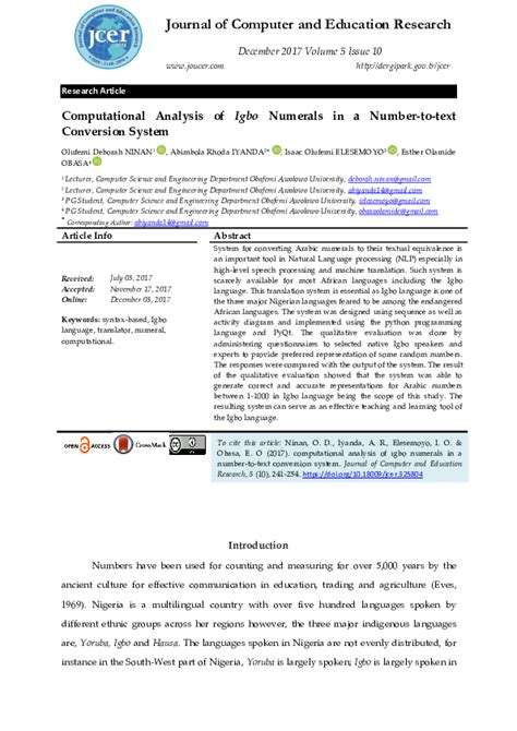 Pdf Computational Analysis Of Igbo Numerals In A Number To Text