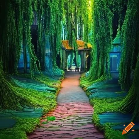 Mystical Pathway Surrounded By Weeping Willows And Mushroom Cottages On