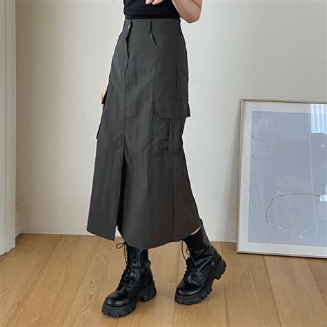 딱풀h라인롱카고sk4c 뒷밴딩 밴드 롱치마 포켓스커트 앞트임스커트 아노락 바스락 나일론 에이블리