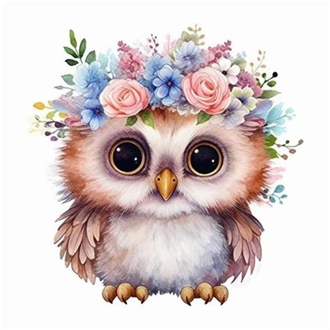 Premium Ai Image A Close Up Of A Watercolor Owl With Flowers On Its