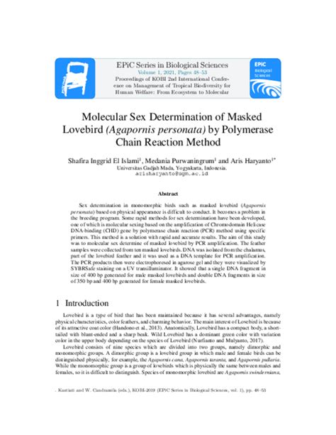 Pdf Molecular Sex Determination Of Masked Lovebird Agapornis Personata By Polymerase Chain