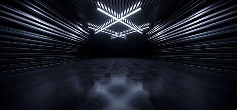 미래 공상 과학 사이버 현대 레이저 블루 빔 조명 금속 줄무늬 광택 헛간 차고 주차 스튜디오 쇼룸 터널 복도 지하 콘크리트 창고