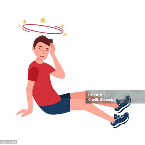 아픈 남자는 흰색 배경에 평면 디자인에 현기증을 느낀다 그의 머리 위에 회전 별을 가진 잘 되지 않는 사람 귀여운에 대한 스톡 벡터 아트 및 기타 이미지 Istock