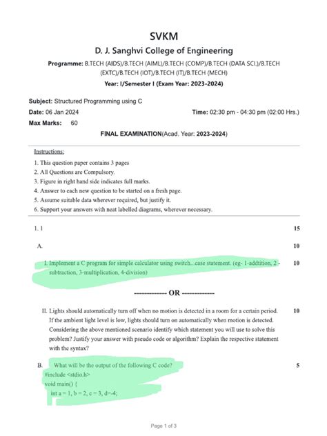 Qp All Sem I Structured Programming Using C Jan 2024 Pdf