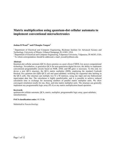 Pdf Matrix Multiplication Using Quantum Dot Cellular Automata To Implement Conventional