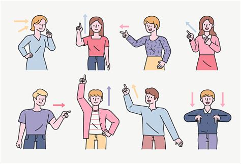 사람들은 손가락을 위아래로 좌우 그리고 다양한 방향으로 가리키고 있습니다 가리키기에 대한 스톡 벡터 아트 및 기타 이미지 가리키기 여자 아래로 이동 Istock