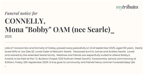 Connelly Mona Bobby Oam Nee Searle Funeral Notices Toowoomba