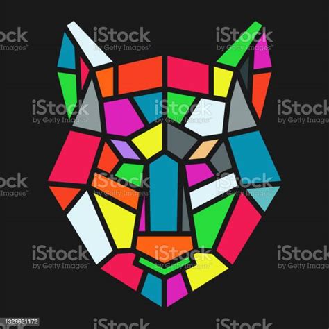 검은 색 배경에 고립 된 다채로운 기하학적 다각형 스타일의 라인에서 늑대 머리의 실루엣 라벨 인쇄 또는 포스터를 위한 현대 팝 아트 그래픽 디자인 요소입니다 벡터 아트