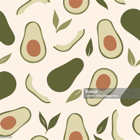 아보카도 아보카도 조각 베이지 색 배경에 나뭇잎이있는 귀여운 이음새가 없는 패턴 손으로 그린 여름 과일 질감 벡터 과일 일러스트레이션 섬유 의류 침대 린넨 사무용품 0명에