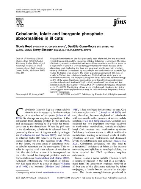 Pdf Cobalamin Folate And Inorganic Phosphate Abnormalities In Ill Cats