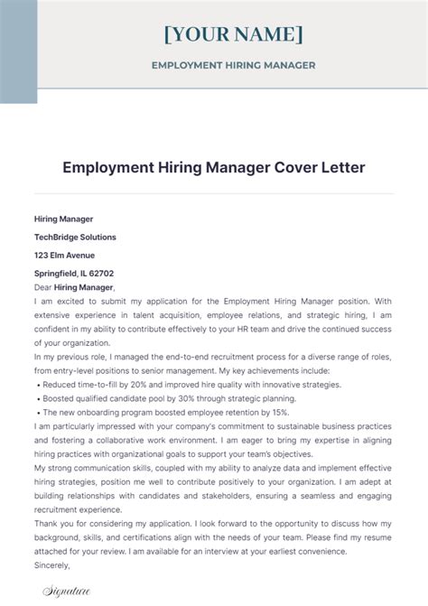 free employment hiring manager cover letter template to edit online