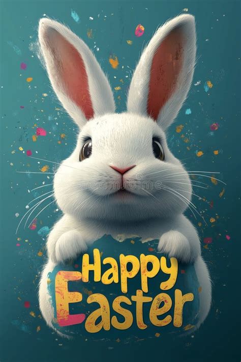Cute White Easter Bunny Holding A Happy Easter Sign With Colorful Confetti On A Turquoise