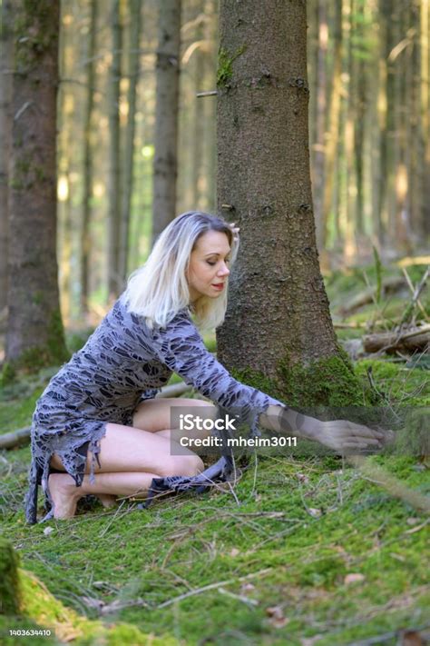 Elegant Barefoot Blond Woman In Designer Dress Posing In Forest Stock