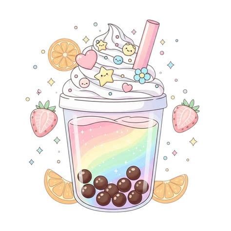 Kawaii Bubble Tea Clipart Cute Rainbow Boba Drink Cartoon Graphics