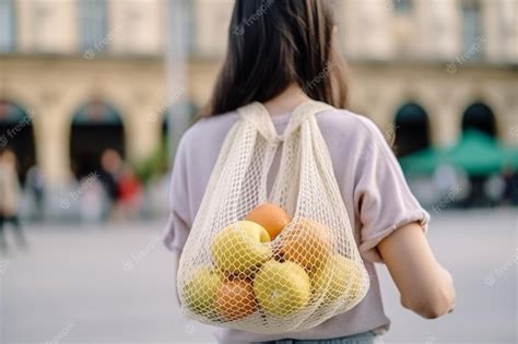 premium ai image back view woman reusable mesh bag generate ai