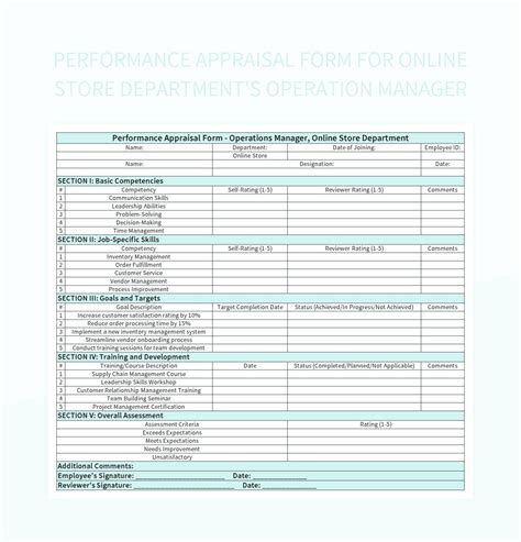 Performance Appraisal Form For Online Store Departments Operation Manager Excel Template And