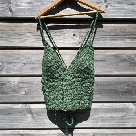 Sage Green Handmade Crochet Shell Pattern Bralette Depop
