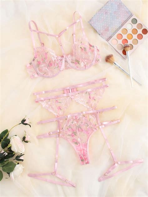 Dessous Set mit Blume Stickerei Mesh Bügel Strumpfband SHEIN Schweiz