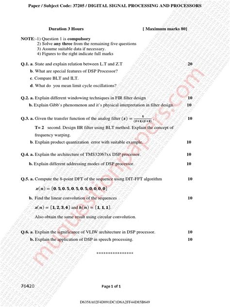 Te Etrx Sem6 Dspp Dec19 Pdf Pdf Digital Signal Processing