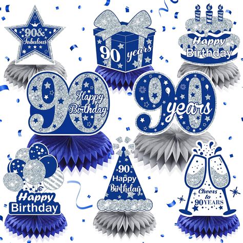 8pcs Blue 90th Birthday Decorations Navy Blue Silver Happy