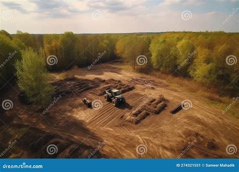 Drone View Of A Tractor That Works On Landscaping Harvesting The Branches Of Felled Trees