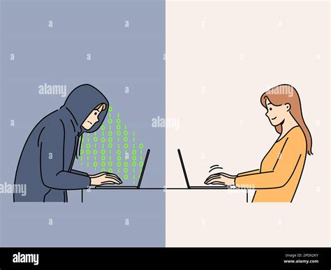 Woman Chatting Online On Computer With Male Hacker Man Scammer