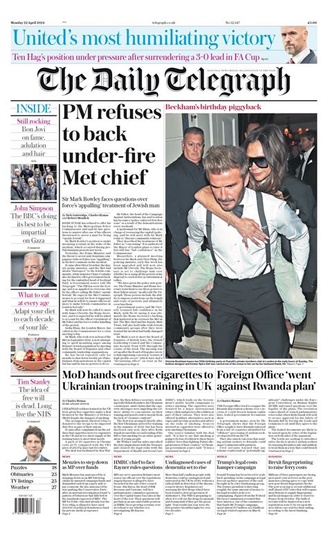 Daily Telegraph Front Page 22nd Of April 2024 Tomorrows Papers Today