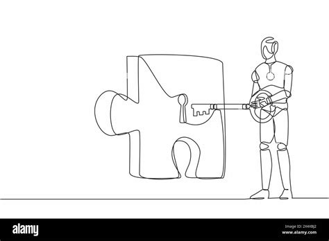 Single Continuous Line Drawing Robot Putting Big Key Into Puzzle Piece Teamwork And Partnership