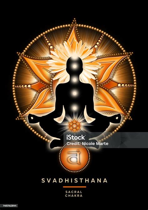 요가 연꽃 포즈의 성례 차크라 명상 Svadhisthana 차크라 기호 앞에서 Sacred Geometry에 대한 스톡 벡터