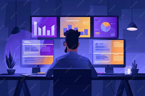 Man Working Late At Night Analyzing Data On Multiple Monitors Premium