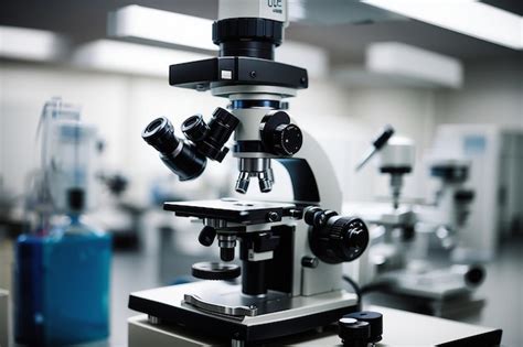 Premium Photo Closeup Shot Of Microscope With Metal Lens At Laboratory
