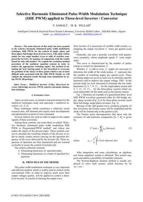 PDF Selective Harmonic Eliminated Pulse Width Modulation Technique SHE PWM Applied To Three