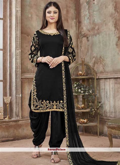 Buy Black Art Silk Resham Designer Patiala Salwar Kameez Online