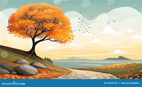 An Illustration Of An Autumn Landscape With A Tree And Rocks Stock