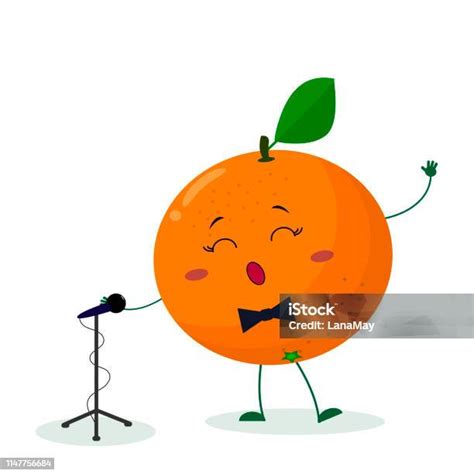 河 귀여운 과일 오렌지 가수가 마이크에 노래 나비 넥타이 만화 스타일의 문자입니다 로고 템플릿 디자인입니다 벡터 일러스트 레이 션 플랫 스타일 가수에 대한 스톡 벡터 아트