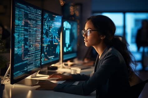 Premium Photo Young Female Web Developer With Multiple Screens