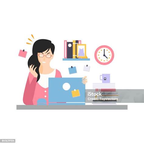 노트북과 작업 일 하는 사무실 직원 벡터 일러스트 레이 션의 순간과 컴퓨터 책상에 앉아 바쁜 젊은 사업가 문자 강조 낮에 대한 스톡 벡터 아트 및 기타 이미지 Istock