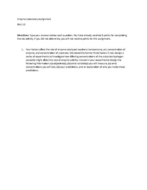 Enzyme Laboratory Assignment You Have Already Received 5 Points For Completing The Lab