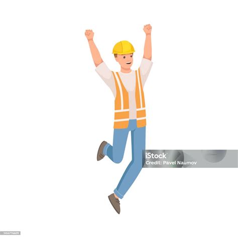 하드 모자를 쓴 남자 빌더 캐릭터와 기쁨 벡터 일러스트레이션으로 점프하는 경고 건설 현장에 대한 스톡 벡터 아트 및 기타 이미지