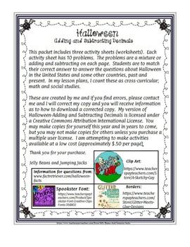 Halloween Adding And Subtracting Decimals By Jelly Beans And Jumping Jacks