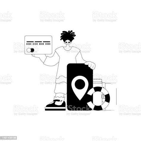 은행 카드와 구역이 있는 전화기를 가진 사람 관광 과목 희미하고 하얀 선의 장인 정신 트렌디한 스타일 벡터 일러스트레이션 경고 기호에 대한 스톡 벡터 아트 및 기타 이미지