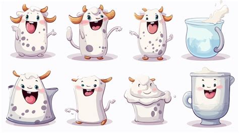 Cute Cartoon Dairy Products Characters Set For Designs Premium Ai