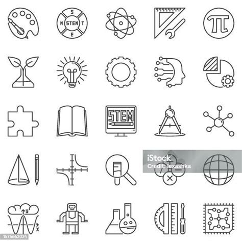 Steam 교육 라인 아이콘 세트 과학 기술 공학 예술 및 수학 개요 기호 Stem 주제에 대한 스톡 벡터 아트 및 기타 이미지 Stem 주제 개념 공부 Istock