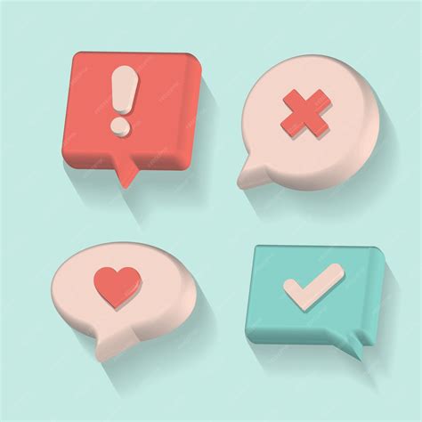 D 렌더링 연설 거품 취소 아이콘 집합 느낌표 설문 조사 반응 디와 같은 기호 확인 프리미엄 벡터