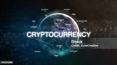 기술 초점에서 Cryptocurrency 세트 공간에서에서 지구 미래 Bitcoin 암호화 통화 중심 단어 구름 3d 그림